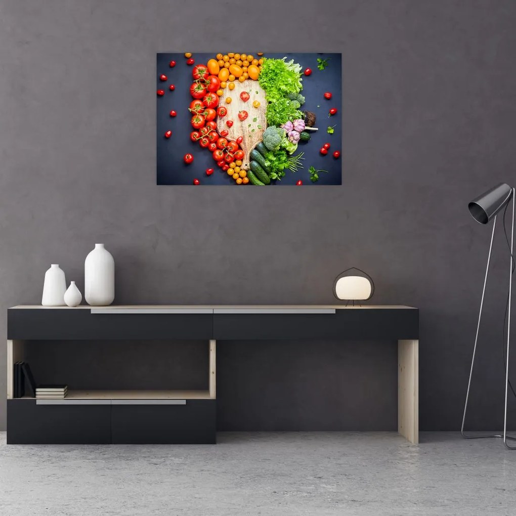 Skleněný obraz - Stůl plný zeleniny (70x50 cm)