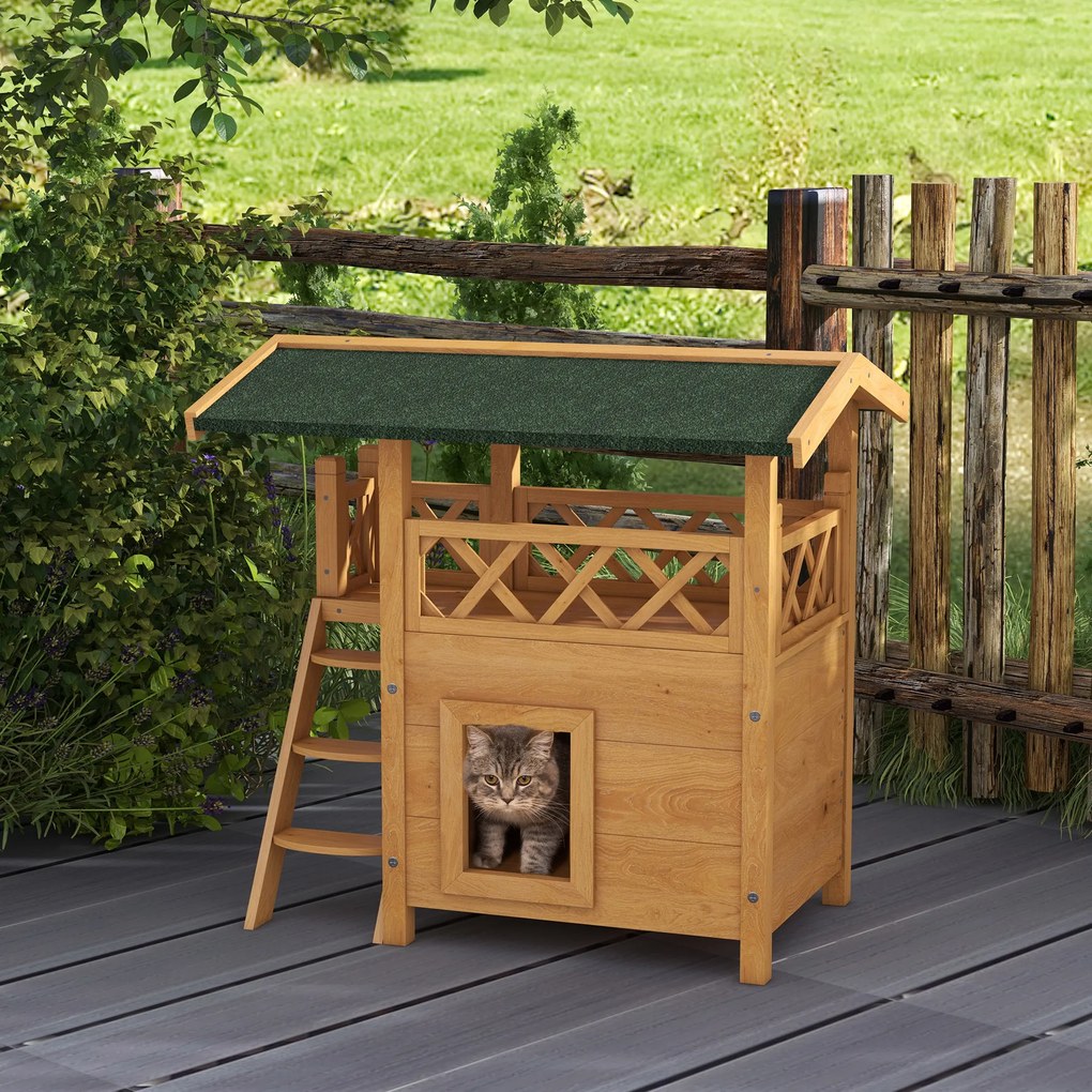 PawHut dvoupatrový domek pro kočky s asfaltovou střechou a balkonem, vila pro kočky z masivního dřeva se schody, přírodní, 77x50x73cm| Aosom
