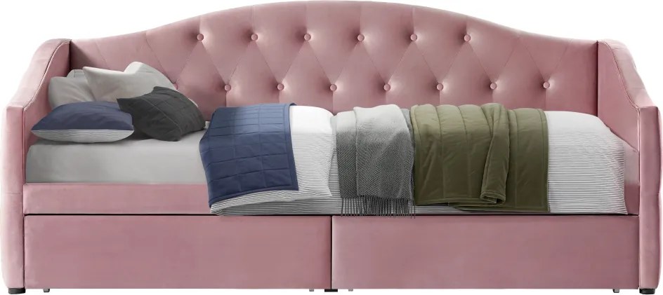 Postel s úložným prostorem, 90x200, růžová Velvet látka, ZASKA