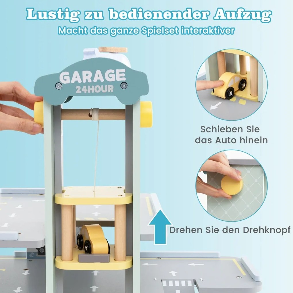 Costway Dřevěná parkovací garáž se 3 patry a 4 auty a výtahem parkovací garáž