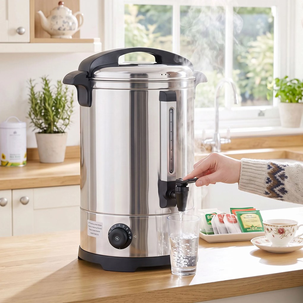 HOMCOM ohřívač vody 6,5 L, 1500 W, nerezová ocel, s termostatem, funkcí udržování teploty a výpustným kohoutkem