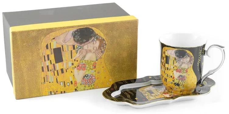 HOME ELEMENTS Porcelánový hrnek 360 ml s podtáckem, Klimt Polibek tmavý