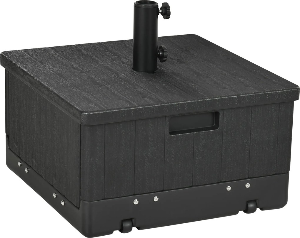 Stojan na slunečník Outsunny s podstavcem, bočním stolem a květináčem, s odvodňovacími kolečky a rukojetí, PE a kov, 53L x 53W x 47H cm, černý | Aosom