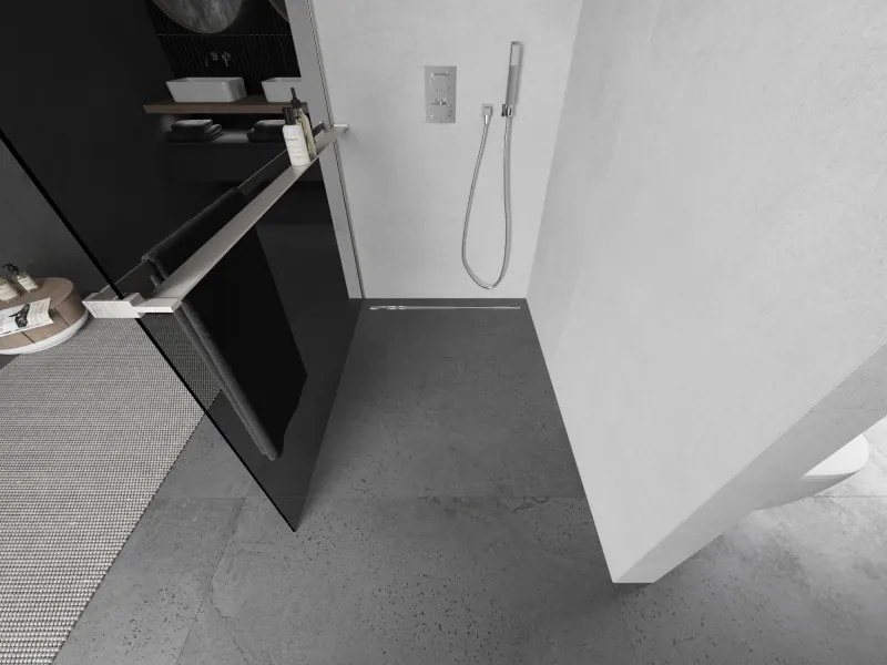 Mexen Kioto+ L, sprchová zástěna Walk-In s poličkou a věšákem 70 x 200 cm, 8mm šedé sklo, broušená ocel profil, 800-070-123-97-40