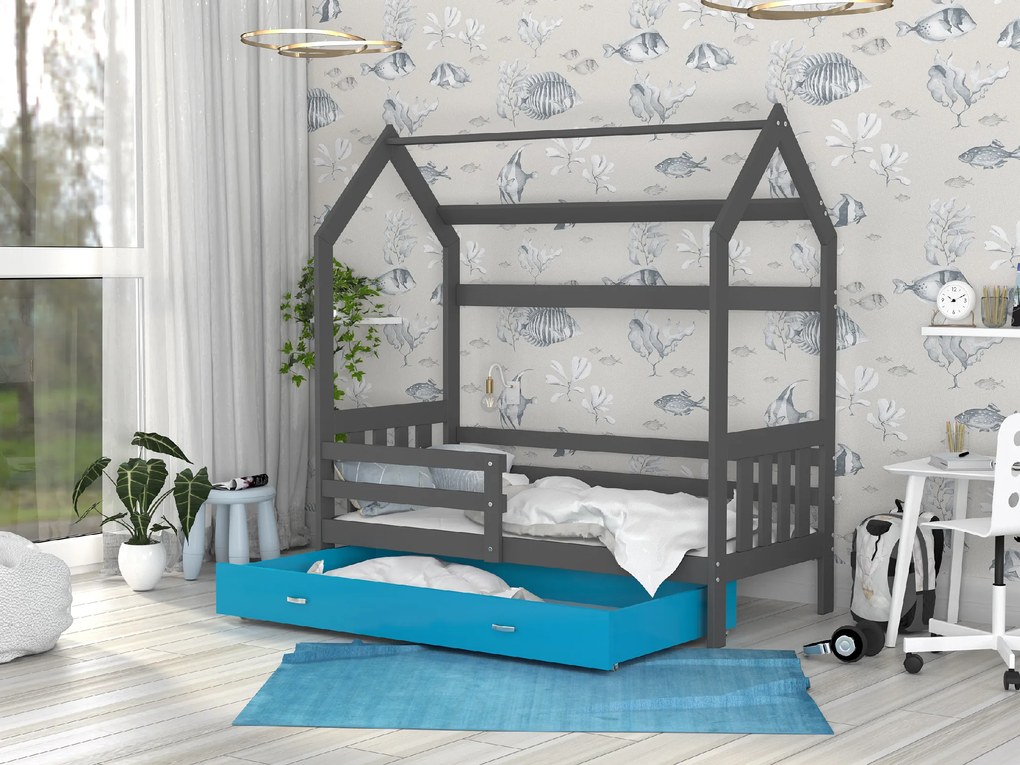 BabyBeds Dětská postel domeček se zábranou a úložným prostorem šedá Velikost postele: 160x80 cm, Barva šuplíku: Modrá