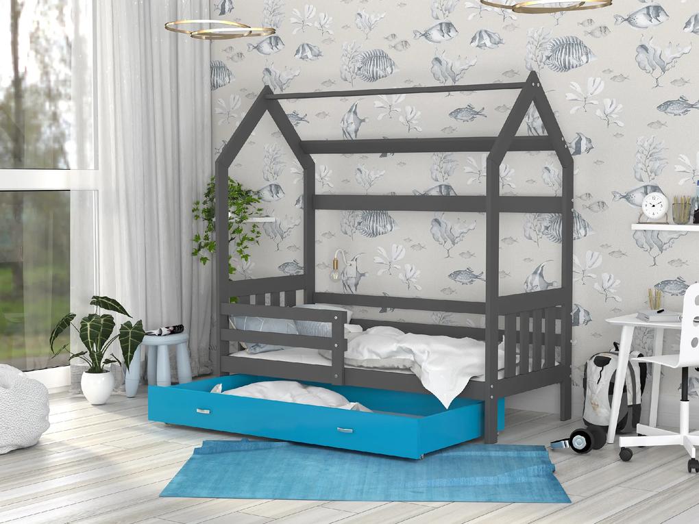 BabyBeds Dětská postel domeček se zábranou a úložným prostorem šedá Velikost postele: 190x80 cm, Barva šuplíku: Bílá