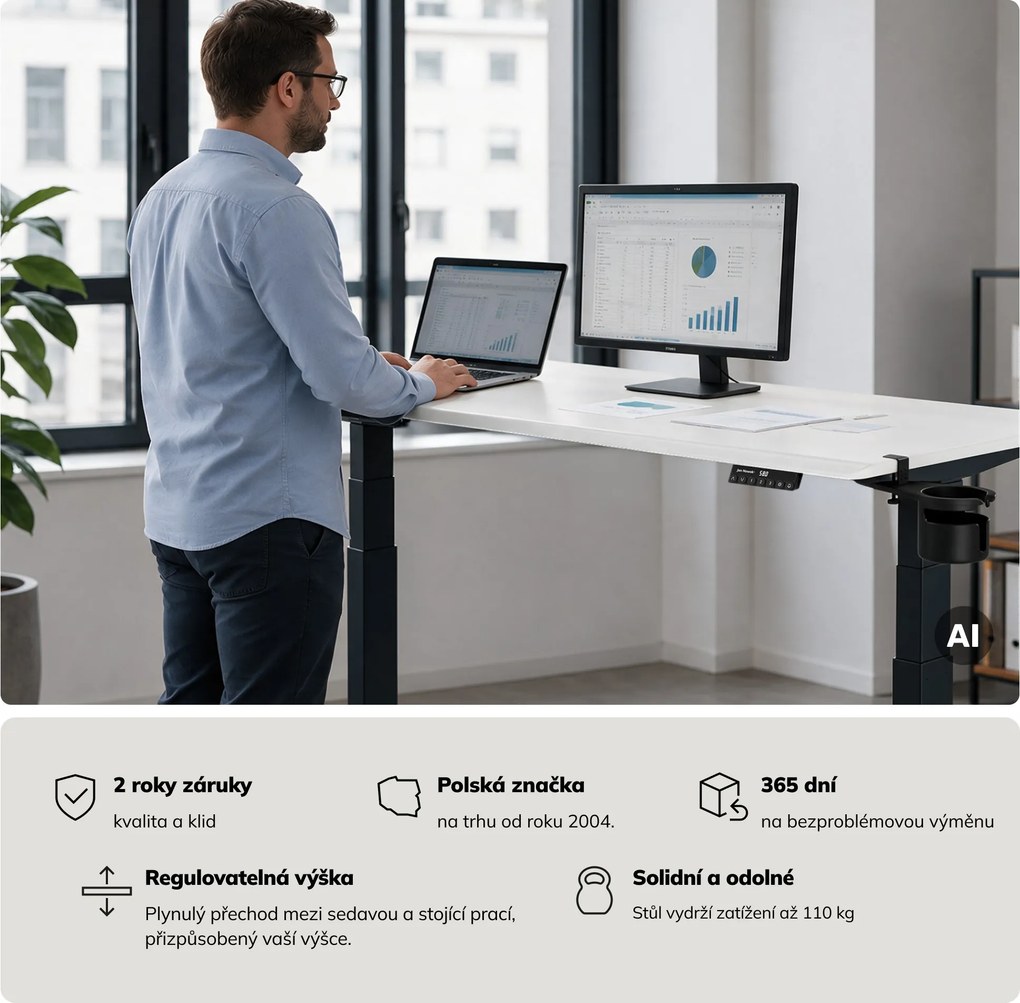 Elektrický stůl s nastavením výšky ergonomický antracitově-bílý, 1600x800 mm: ARIA