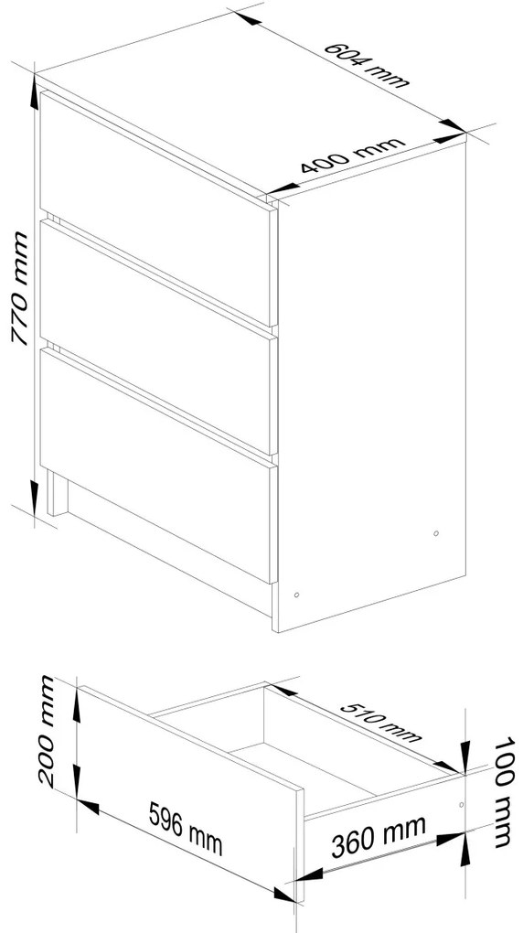 Komoda Kuba 60 cm - 3 šuplíky bílá/šedá