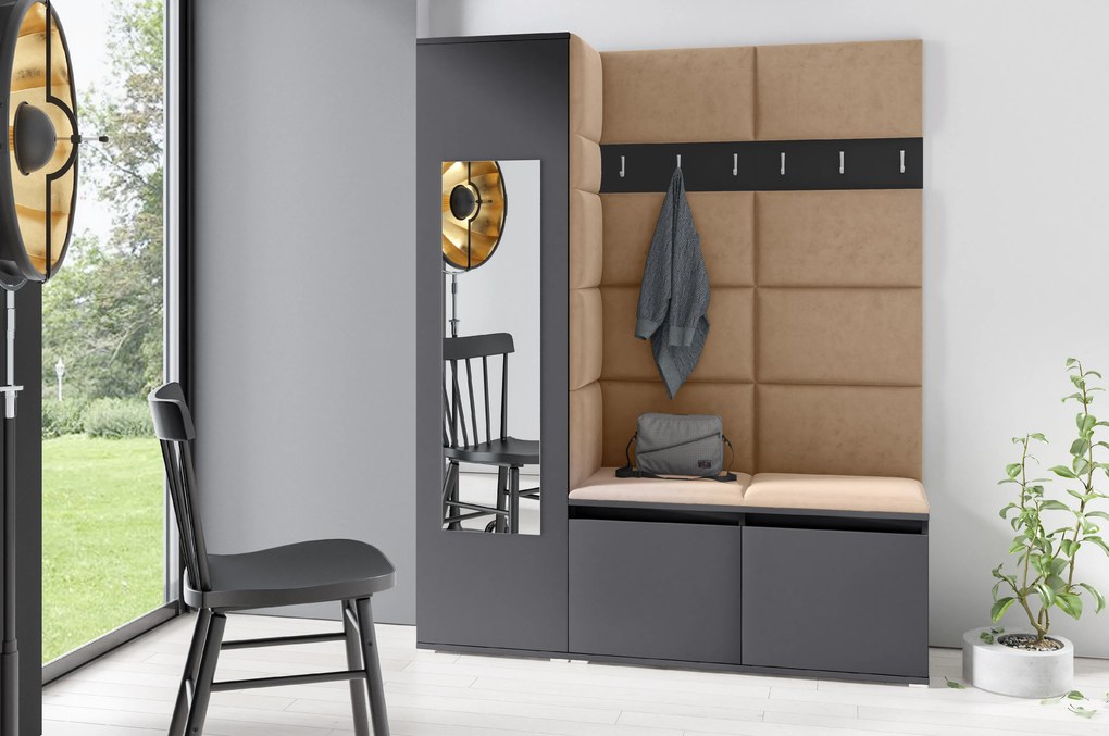 Eka Předsíňová stěna s čalouněnými panely Trinity 14 - Grafit / Béžová 2304