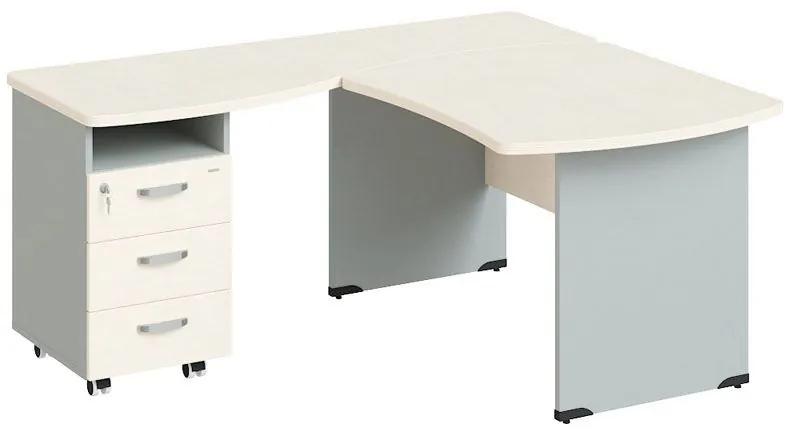 Lenza Rohový kancelářský psací stůl BERN s kontejnerem, dřevěná podnož, 2000 x 1600 mm, levý, bříza