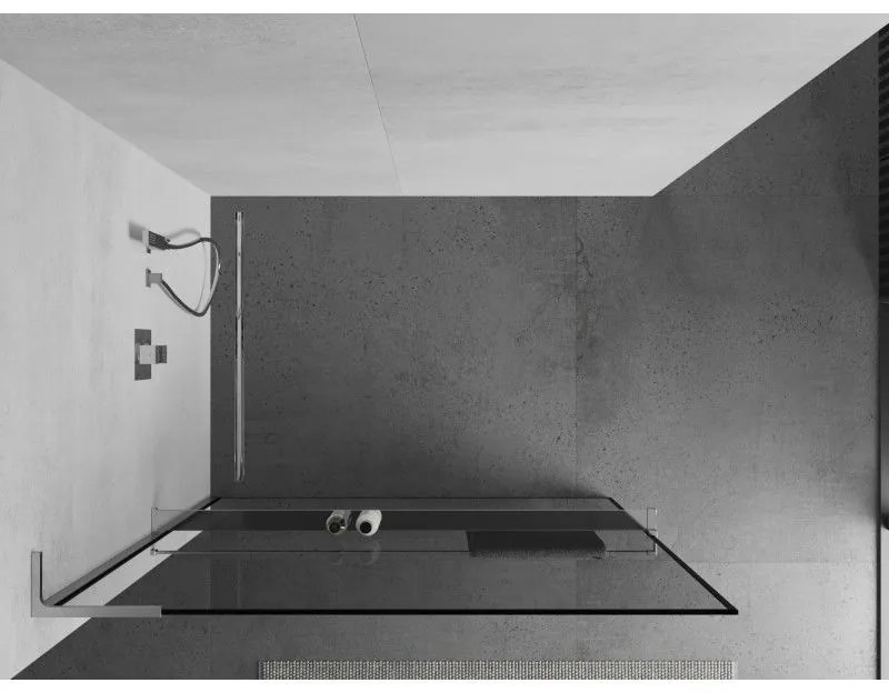 Mexen Kioto+ L, sprchová zástěna Walk-In s poličkou a věšákem 90 x 200 cm, 8mm čiré sklo černý vzor, chromový profil, 800-090-123-01-70