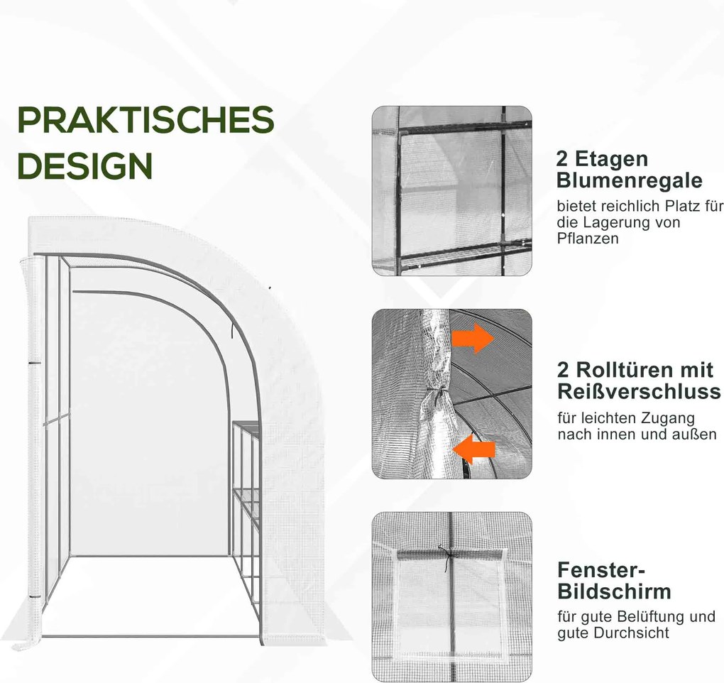 Outsunny skleník s oknem s policemi, zimní skleník z ocelové fólie, nástěnný skleník na balkon, zahrada, rajčatový skleník 300x150x213cm rajčatový sk…