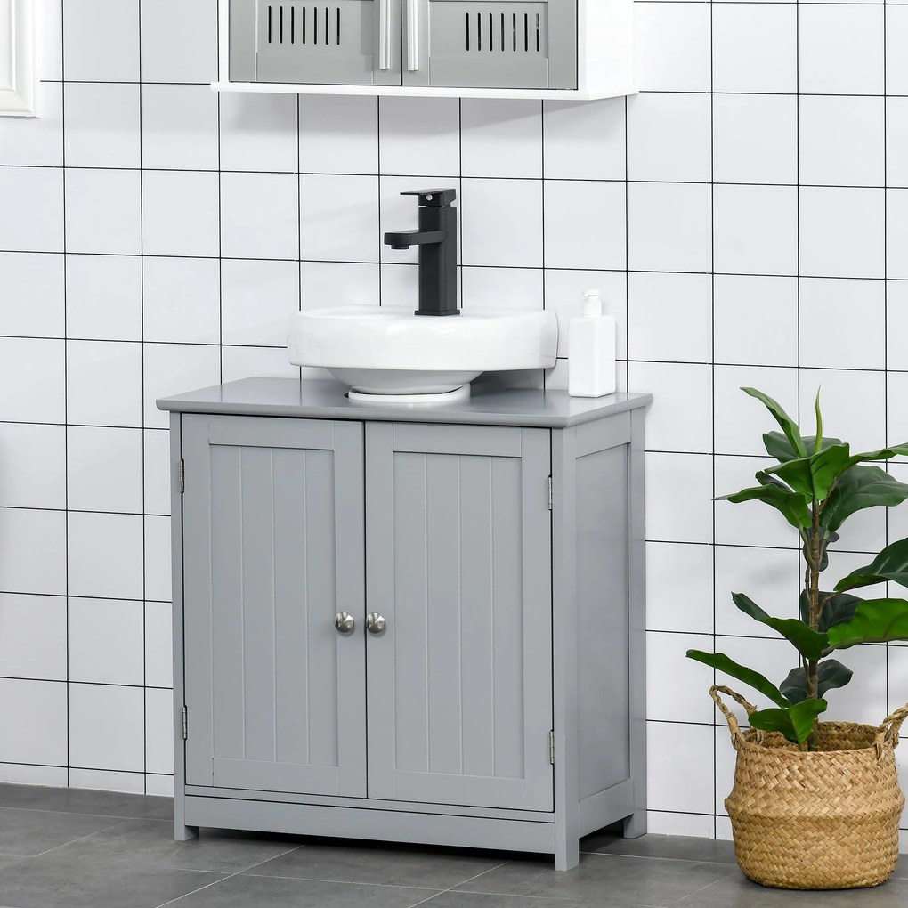 Koupelnová skříňka Kleankin pod umyvadlo - Skříňka pod umyvadlo - Skříň s 2 dveřmi a policí - Rozměry 60D x 30Š x 60V cm - Šedé dřevo | Aosom
