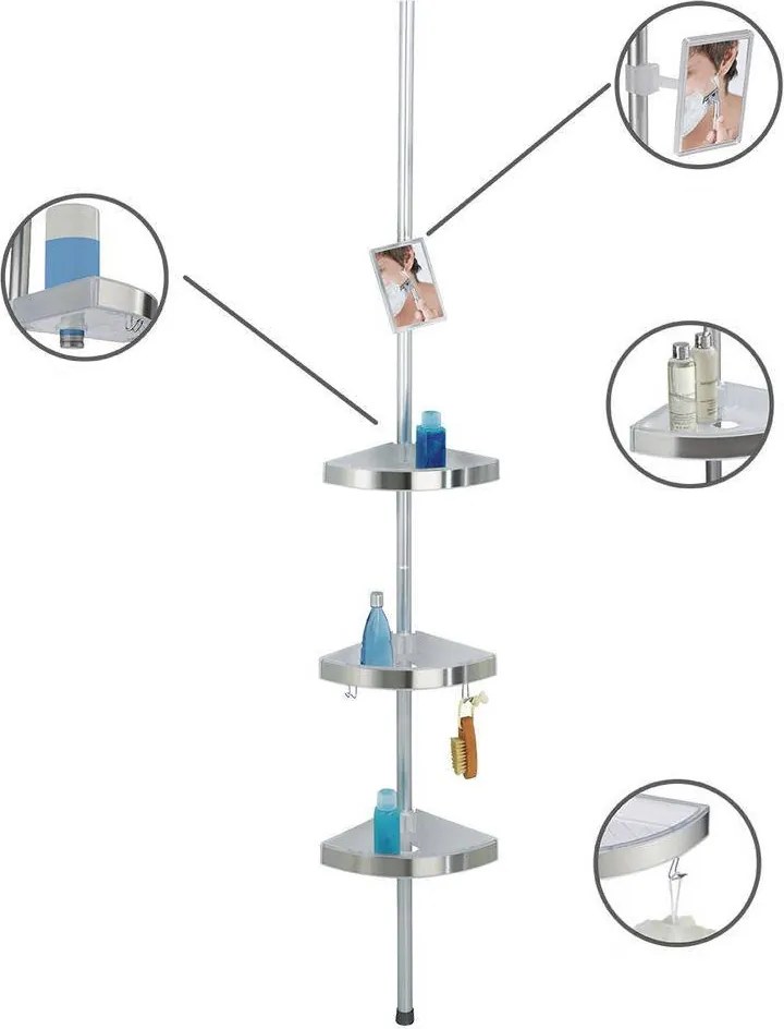 Koupelnová rohová police Premium Edge, 3 úrovně, zrcadlo, teleskopická, WENKO