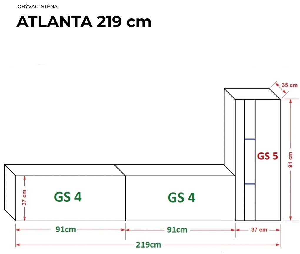 Ral Obývací stěna ATLANTA 3, 219 cm - Černý lesk