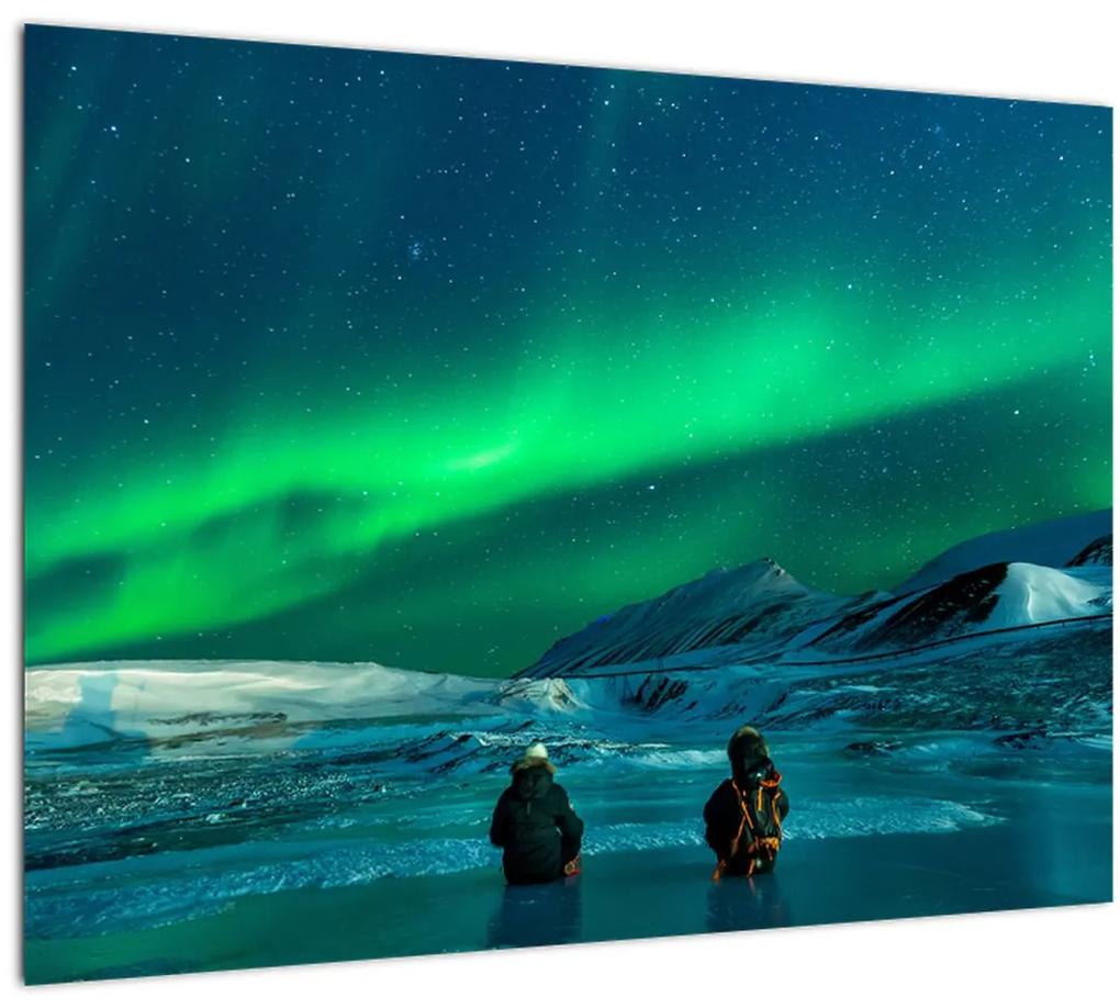 Skleněný obraz lidí u polární záře (70x50 cm)
