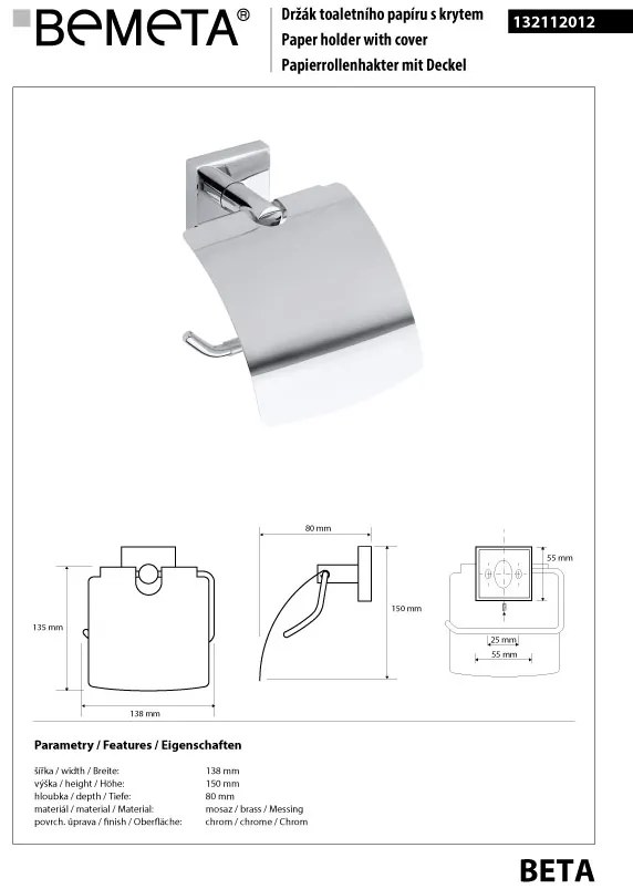 Bemeta Design BETA: Držák toaletního papíru, s krytem - 132112012
