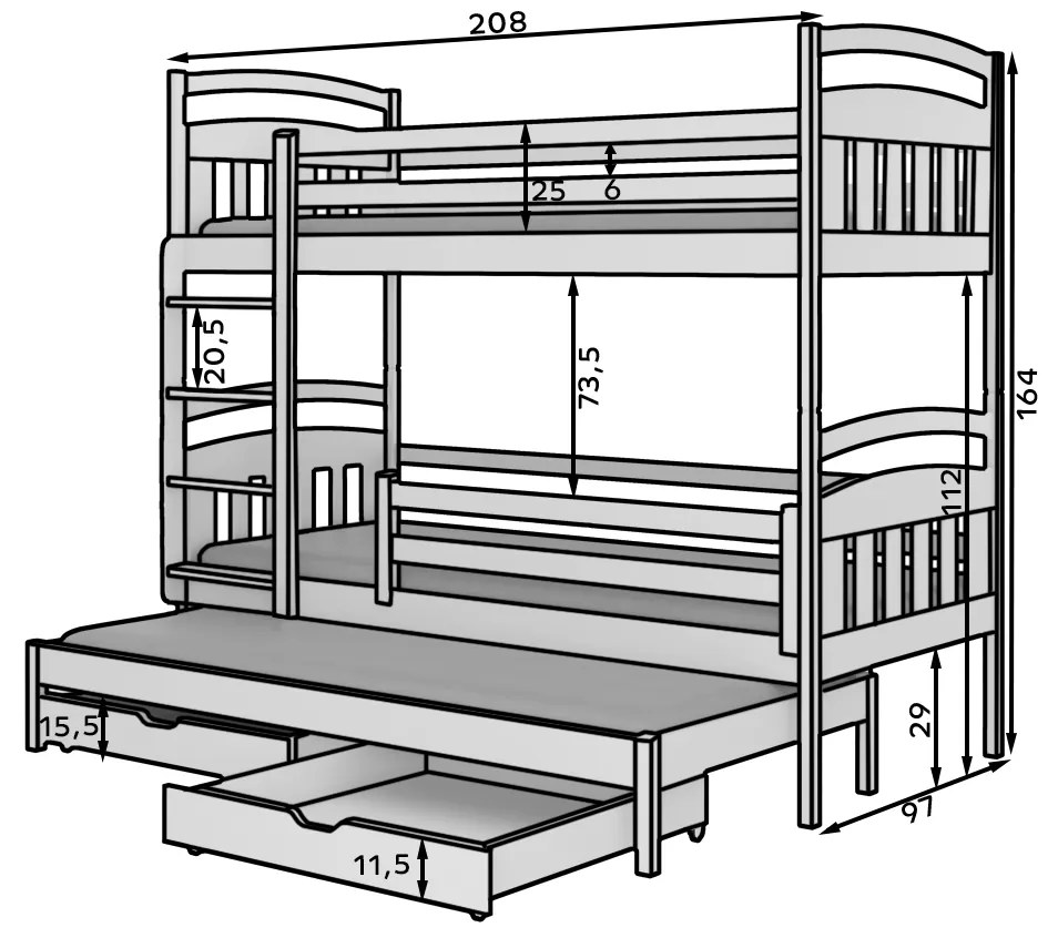 ADRK Rozkládací patrová postel ADLA, CH-Ald-W-208+M-E524, 200x90 cm s matrací, bílá