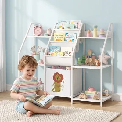 AIYAPLAY Montessori knihovna pro děti 3-8 let se 3 látkovými přihrádkami, dřevěnými vložkami a zásuvkou, bílá