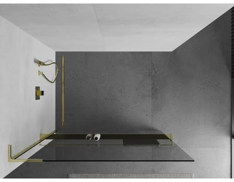 Mexen Kioto+ L, sprchová zástěna Walk-In s poličkou a věšákem 95 x 200 cm, 8mm čiré sklo, zlatý lesklý profil, 800-095-123-50-00