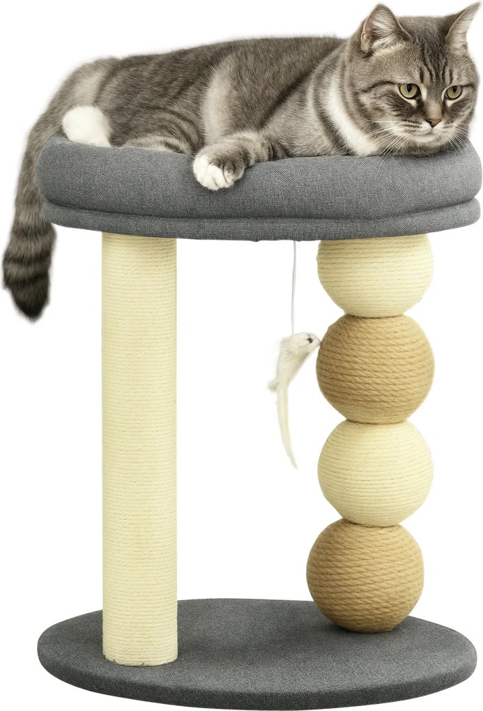 PawHut Kočičí Škrabadlo – Malý Kočičí Strom, Aktivity Centrum pro Kotě s Hnízdem, 4 Míčky a Sisalový Sloupek, Nosnost 15 kg, Ø40x48 cm, Šedá a Béžová
