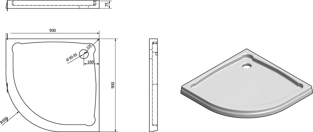 Gelco Hera GH559 sprchová vanička z litého mramoru 90x90 x 7,5 cm čtvrtkruhová