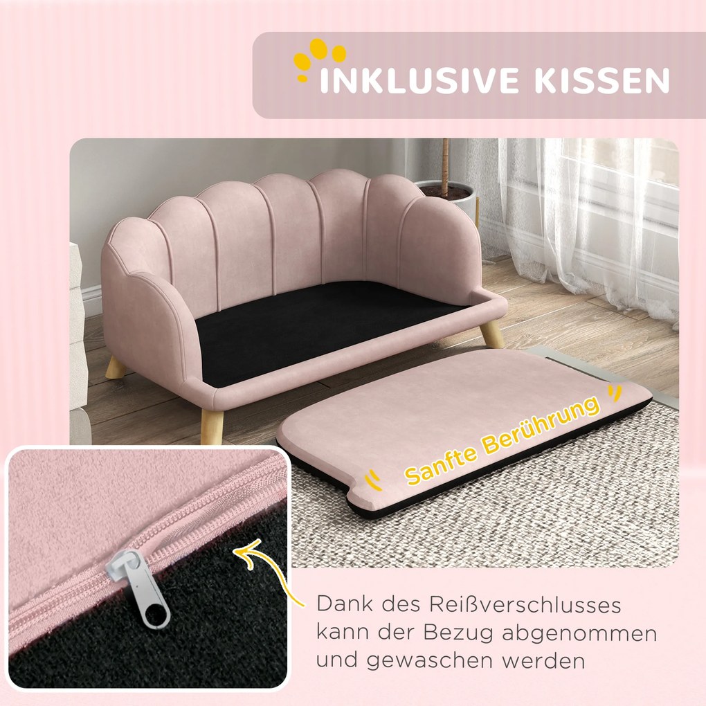 PawHut Psí Pohovka, Pratelný Potah, Psí Sofa s Opěrkou a Dřevěnými Nohami, Kočičí Pohovka, pro středně velké psy do 25 kg, Růžová