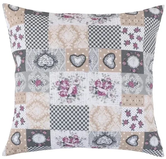 Bellatex Polštářek DITA 45x45 cm Patchwork love šedá, béžová, vínová