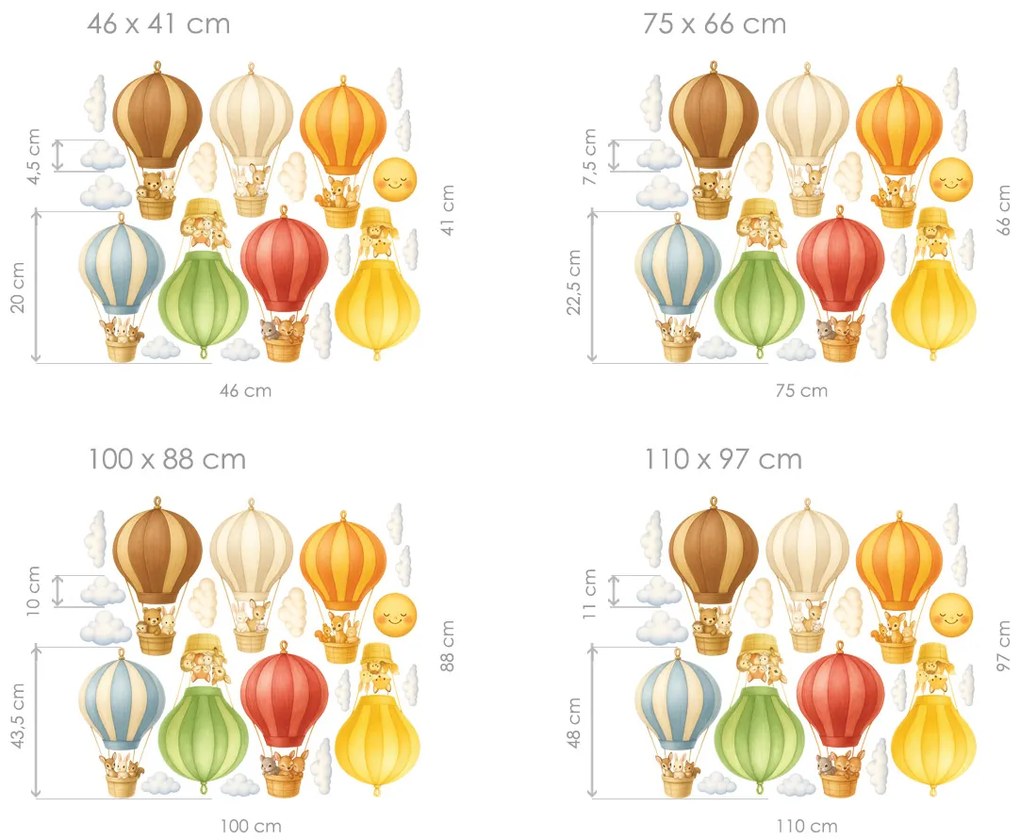 Lesní zvířátka v balónech samolepky na zeď arch 100 x 88 cm