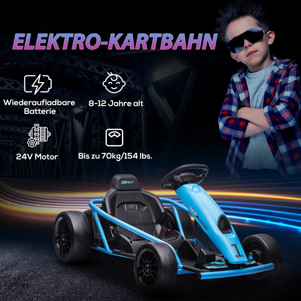 HOMCOM Dětská elektrická motokára 24V s pomalým startem, hudbou, klaksonem, bezpečnostním pásem, dětské vozidlo pro 8-12 let, modrá | Aosom.de