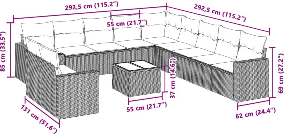 12dílná zahradní sedací souprava podušky světle šedá polyratan 3251539