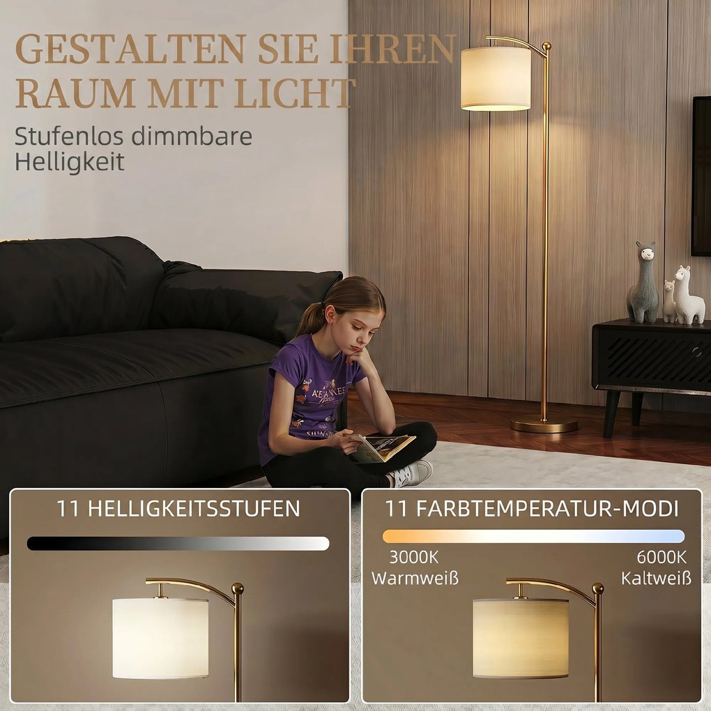 HOMCOM Stojací lampa, nastavitelné možnosti osvětlení, nožní spínač, dálkové ovládání, kov, zlatá