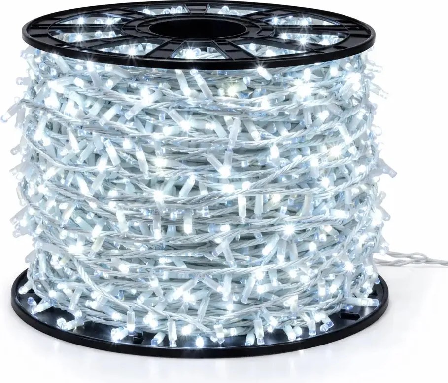 Easy Fix LED světelný řetěz, 100 m, venkovní, ledově bílá s FLASH, 2000 diod, bílý kabel, IP67, cívka