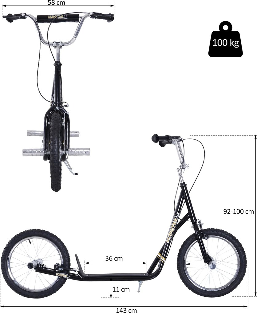 HOMCOM dětská koloběžka s pneumatikami odrážecí koloběžka koloběžka městská koloběžka pro děti kickboard 16 palců od 5 let výškově nastavitelná černá…