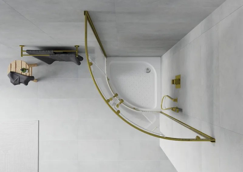 Mexen Rio, čtvrtkruhový sprchový kout 80(dveře)x80(dveře)x190 cm, 5mm čiré sklo s pásky, zlatý profil + bílá sprchová vanička RIO, 863-080-080-50-20-4710