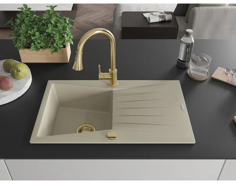Mexen Cesar, 1-komorový granitový dřez 775x470x190 mm a dřezová baterie Elia, béžová, 6514-69-670101-50