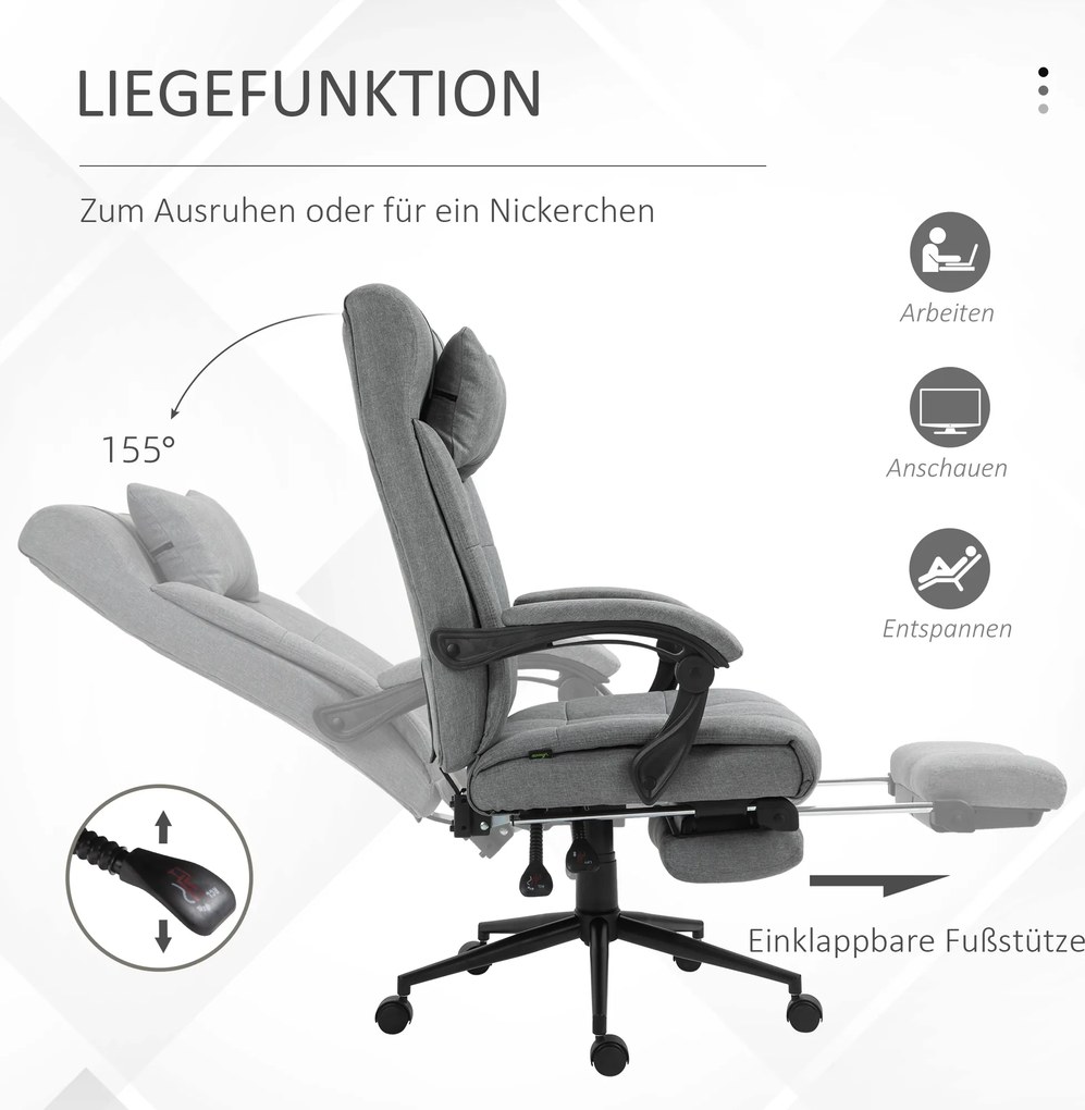 Kancelářská židle Vinsetto s polštářem pod hlavu a područkami, výškově nastavitelná otočná židle s podnožkou, lněná, ergonomická, 66 x 70 x 116-124 c…