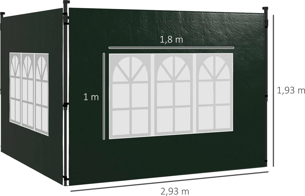 Outsunny Boční Zdi pro Altán 3x3 m a 3x6 m - Sada 2 Stěn s Okny 293x193 cm Tmavě Zelená