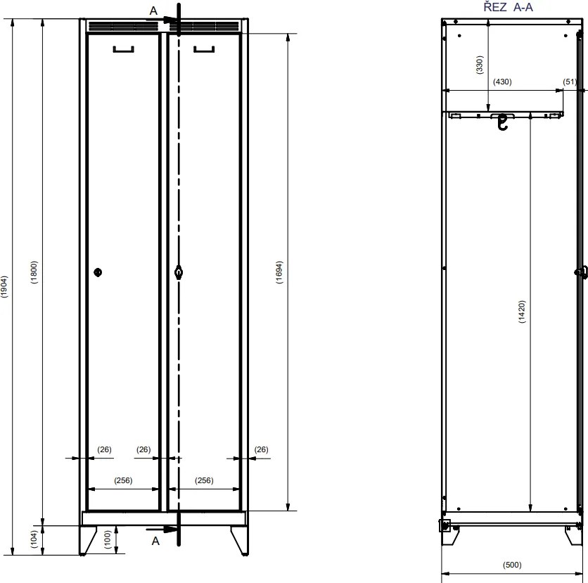 Kovová šatní skříňka S7 na nohách, 2 oddíly, 1904 x 600 x 500 mm, cylindrický zámek, šedé dveře