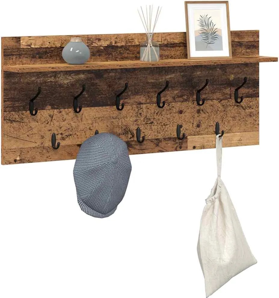 věšák, nástěnný, 1 prkno, háčky, kompozitní dřevo, 40x100x12 cm, staré dřevo, Dekorino TK20260019