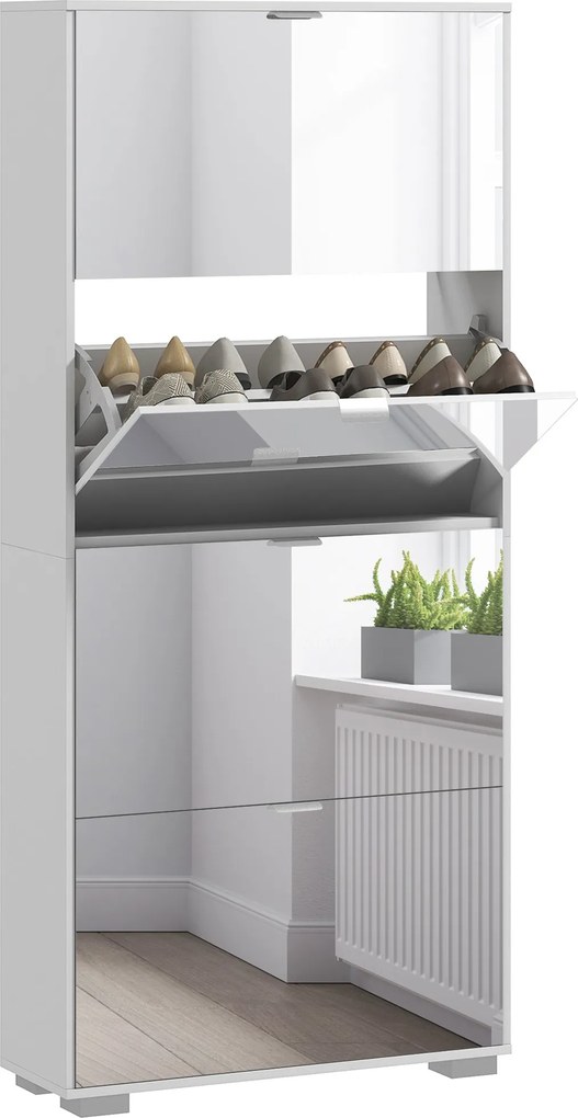 HOMCOM 2-in-1 Botník se Zrcadlovými Dveřmi, 4 Klopové Dveře, Nastavitelné Policie, Úsporný, 76L x 26W x 168H cm Bílý