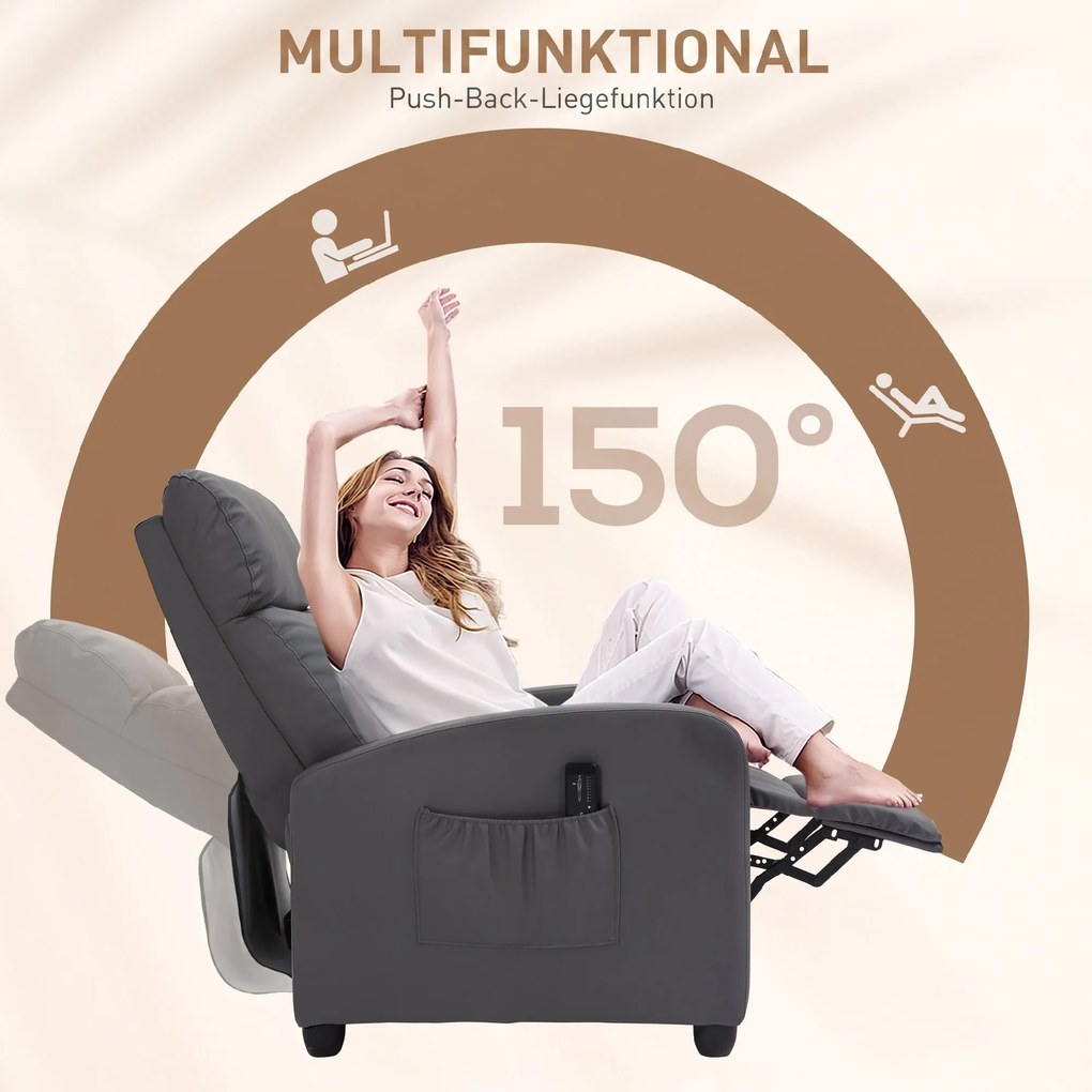 HOMCOM Relaxační křeslo, televizní křeslo s vibrační masáží, polohovací funkcí, 2 masážní body, dálkové ovládání, 68 x 88 x 98 cm Šedá