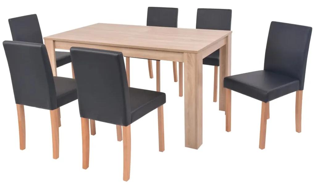 7dílná sada jídelního stolu a židlí, umělá kůže a dub, černá,  243529