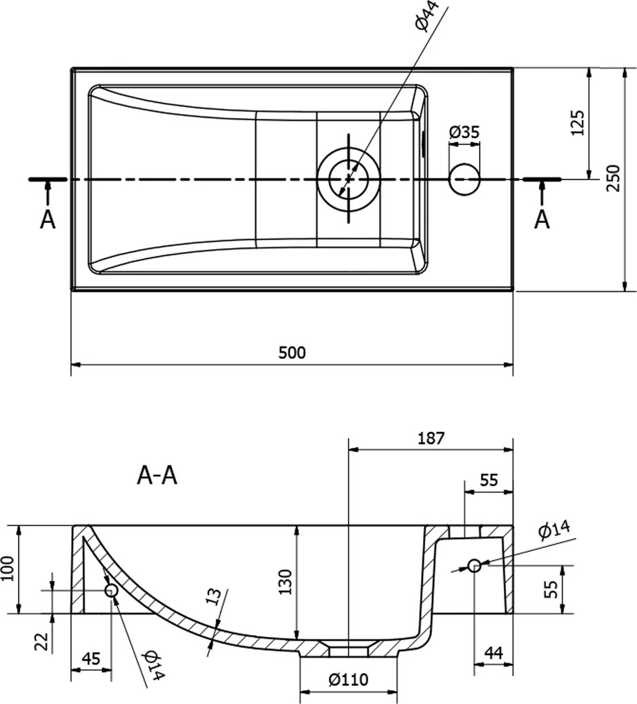 Sapho Ariana umyvadlo 50 x 25 cm s otvorem pro baterii s přepadem pravá litý mramor černá mat SM016B