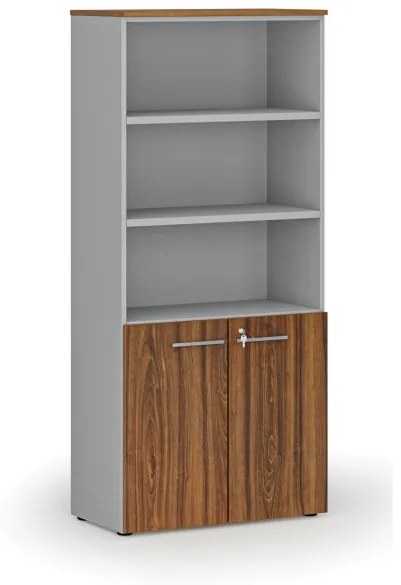 Kombinovaná kancelářská skříň PRIMO GRAY, dveře na 2 patra, 1781 x 800 x 420 mm, šedá/ořech