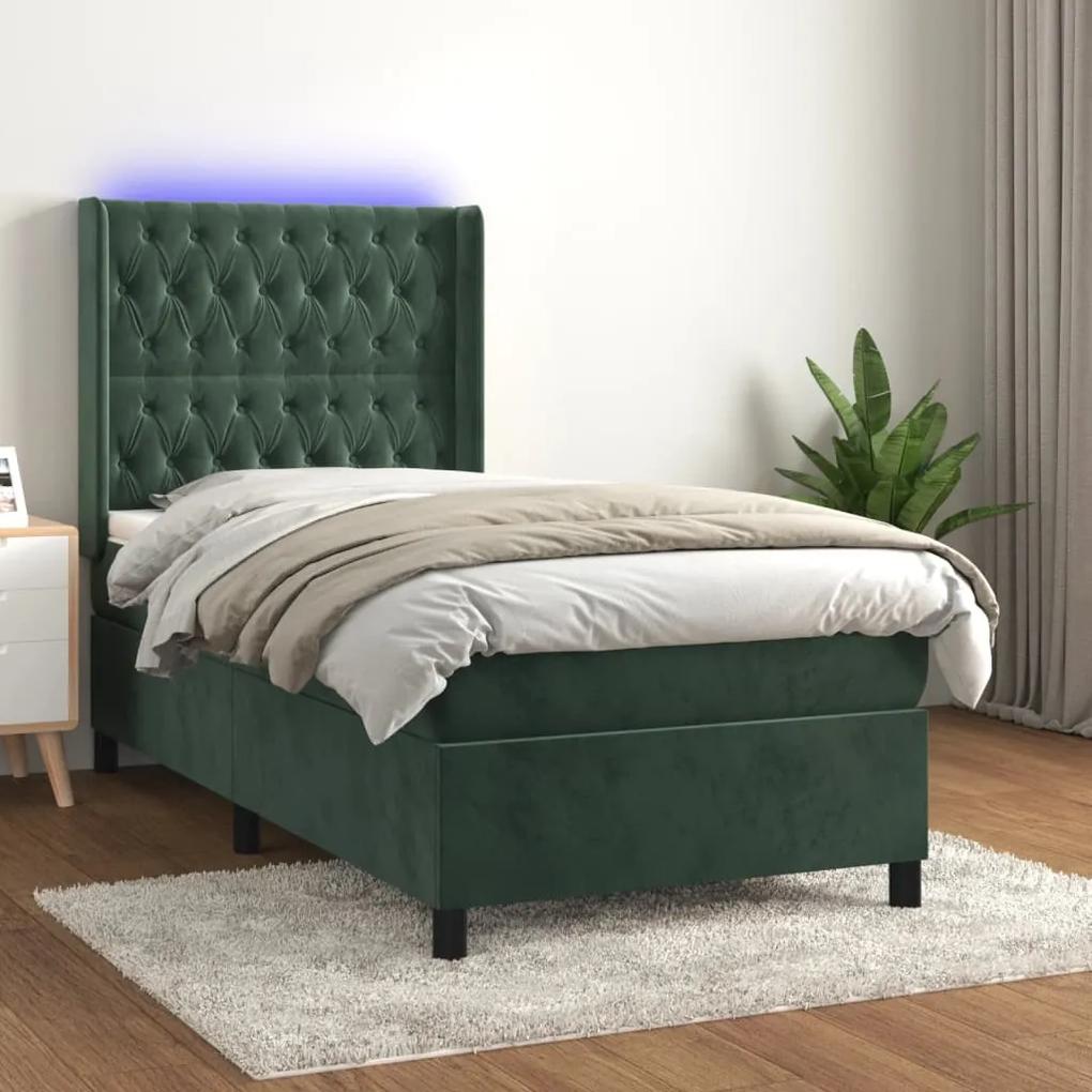 Box spring postel s matrací a LED tmavě zelená 90x200 cm samet,  3139724