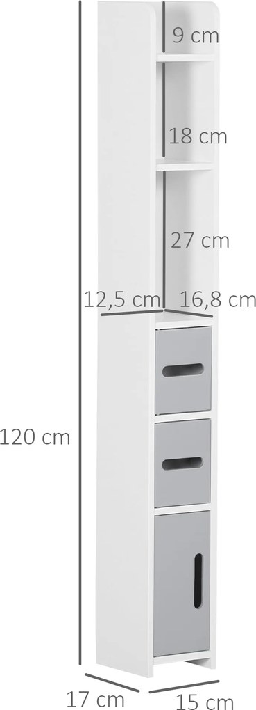 Kleankin Koupelnová sloupová skříňka se 3 dveřmi, 3 otevřenými policemi a proti převrhnutí Moderní koupelnová skříň 15x17x120 cm Šedá