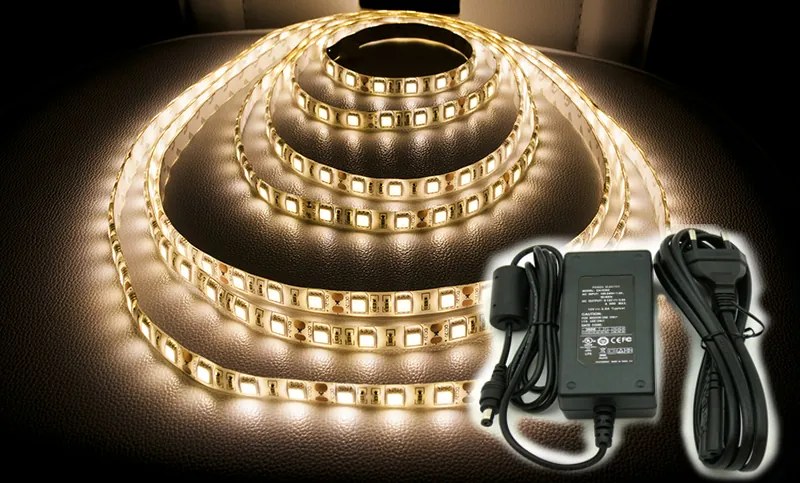 ECOLIGHT LED pásek - SMD 5050 - 5m - 300/5m - 14,4W/m - teplá bílá + konektor a zdroj