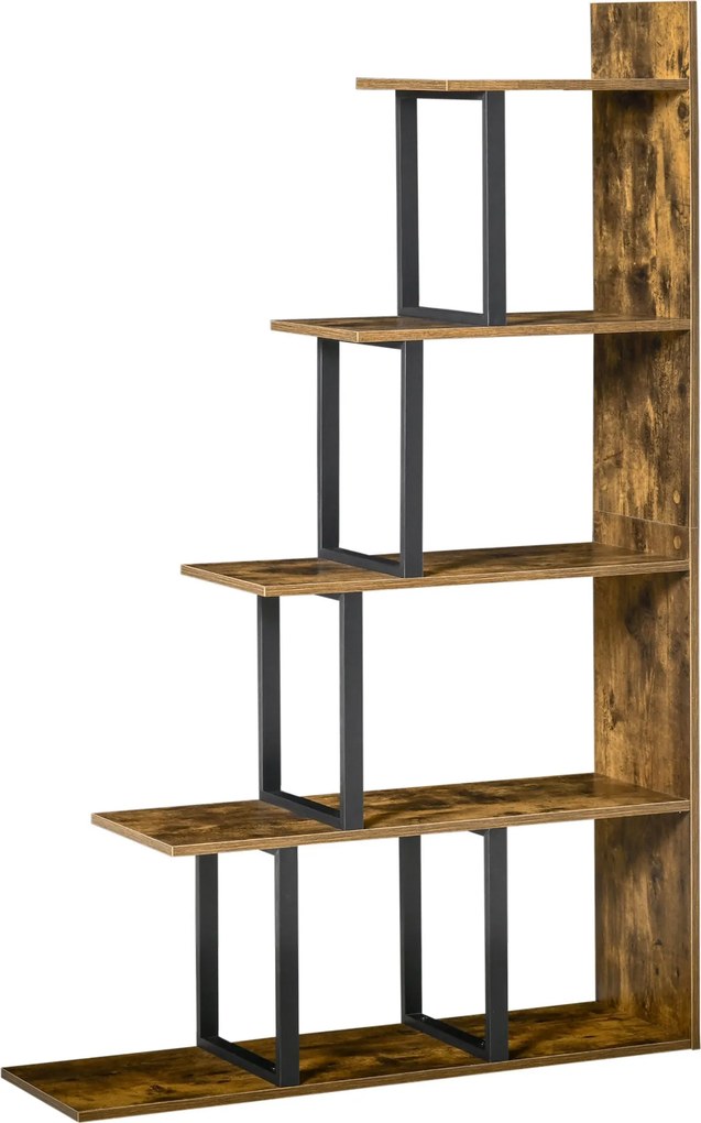 HOMCOM Knihařský regál s 5 policemi ve stylu industriálního schodiště 102 x 30 x 160 cm Rustikální hnědá | Aosom