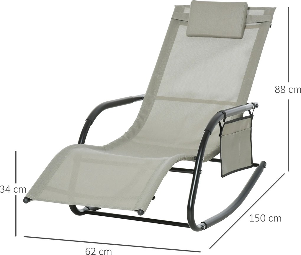Ergonomické houpací křeslo Outsunny - odnímatelný polštářek, opěrky na ruce, úložný pocket - světle šedý kovový epoxidový textilene